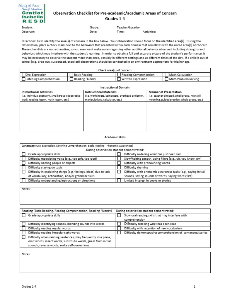 Observation Checklist for Grades 1-4 | PDF | Reading Comprehension ...