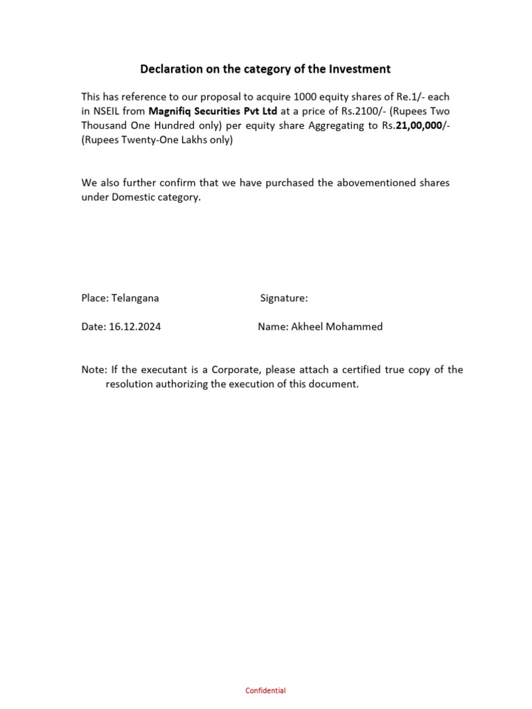 Akheel Declaration on the Category of the Investment | PDF