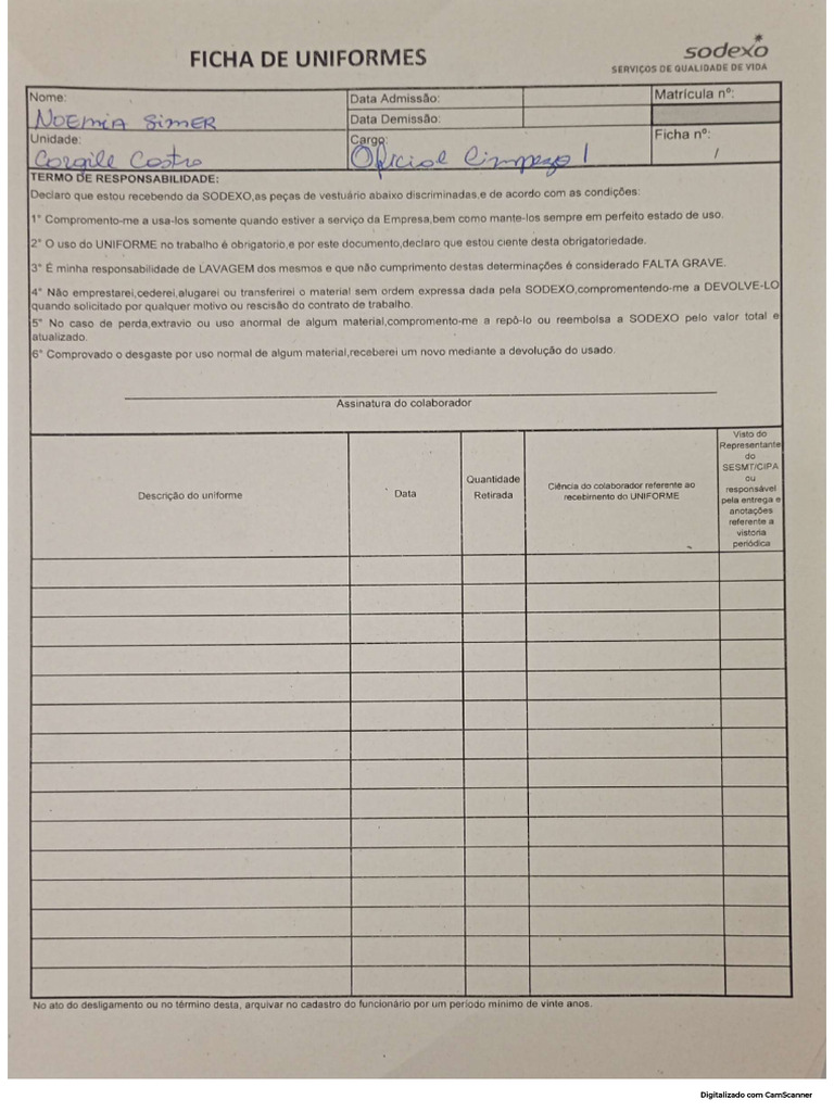 Ficha de Uniformes | PDF