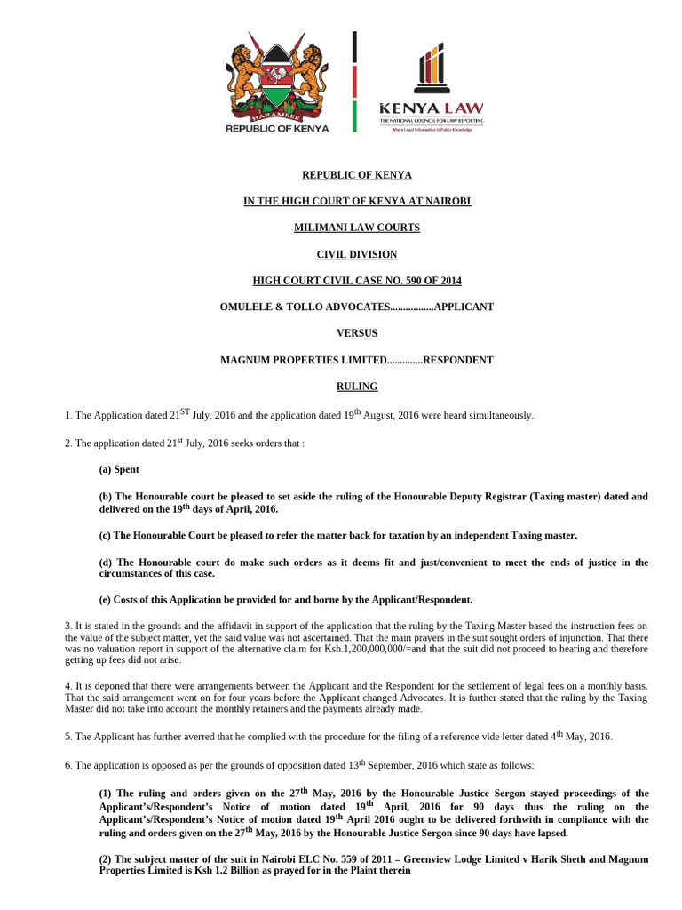 Omulele Tollo Advocates V Magnum Properties Limited (Civil Case ...