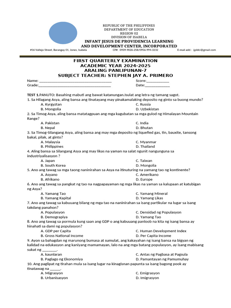 AP 7 Q1 EXAMINATION | PDF