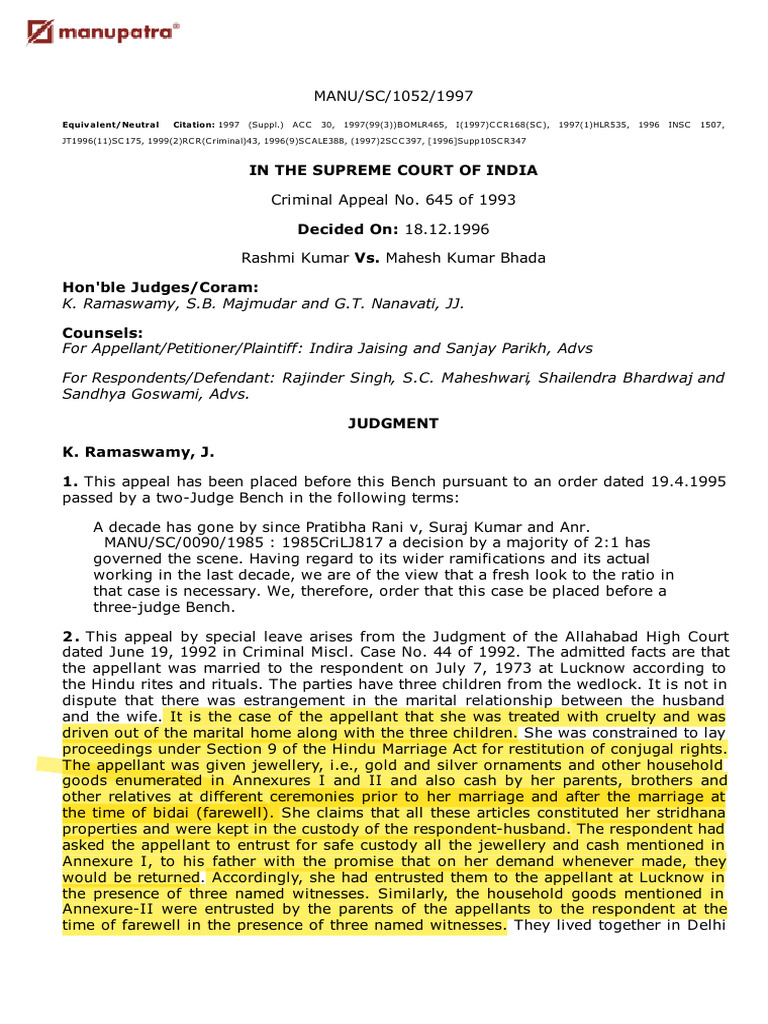 Rashmi Kumar Vs Mahesh Kumar Bhada 18121996 SCs971052COM32719 | PDF ...