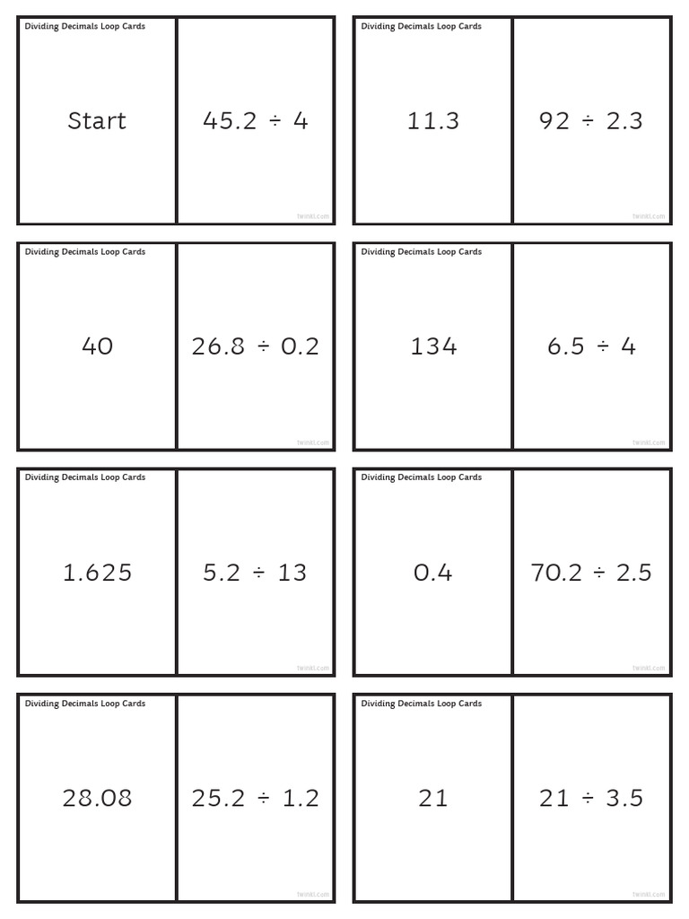 Dividing Decimals Loop Cards Black and White | PDF