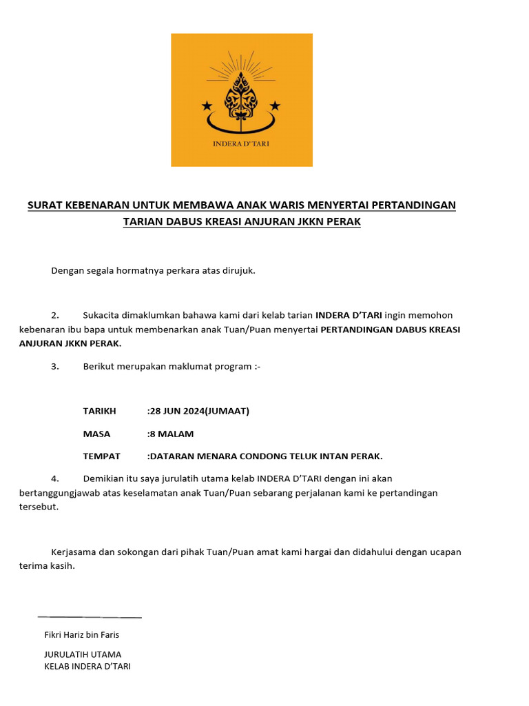 SURAT KEBENARAN UNTUK MEMBAWA ANAK WARIS MENYERTAI PERTANDINGAN TARIAN ...
