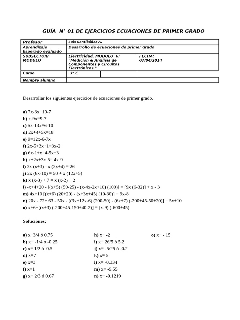 Guía #01 - Repaso Ec. Primer Grado 3°c Grupo 2 Eldad - Docente Luis Santibáñez | PDF