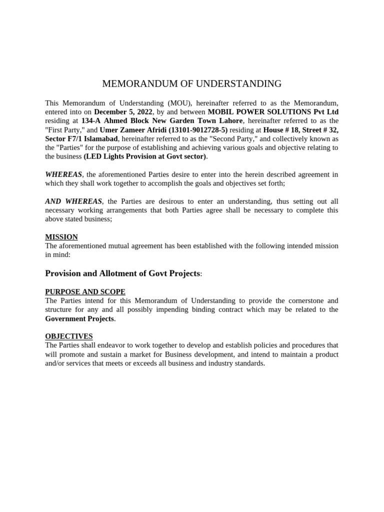 MOU for LED Project Collaboration | PDF | Arbitration | Mediation