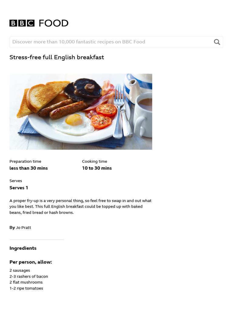 Stress-Free Full English Breakfast Recipe | PDF | Bacon | Foods