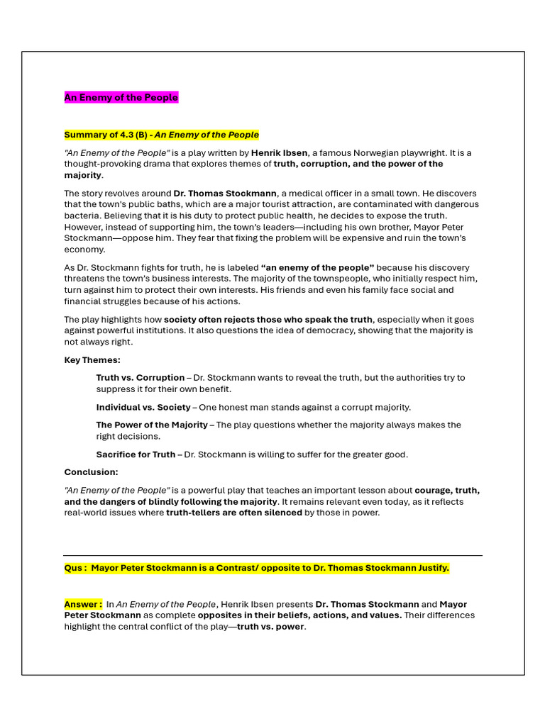Ibsen's An Enemy of the People: Themes | PDF