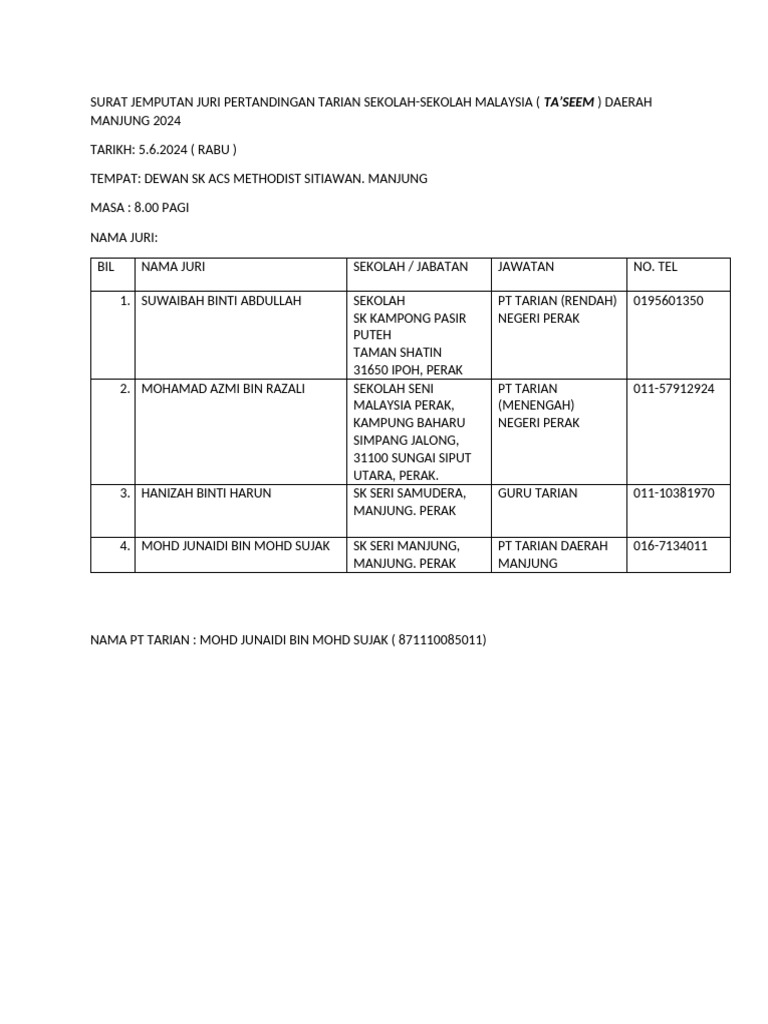 SURAT JEMPUTAN JURI PERTANDINGAN TARIAN SEKOLAH | PDF