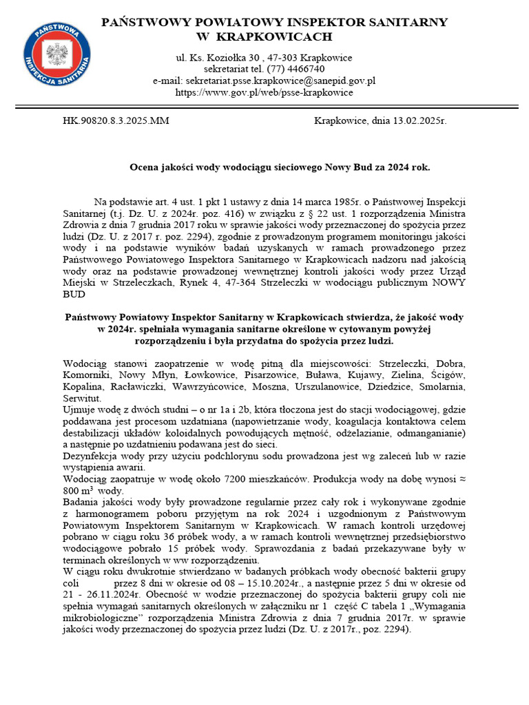 2024 Ocena Roczna Wodociągu NOWY BUD | PDF