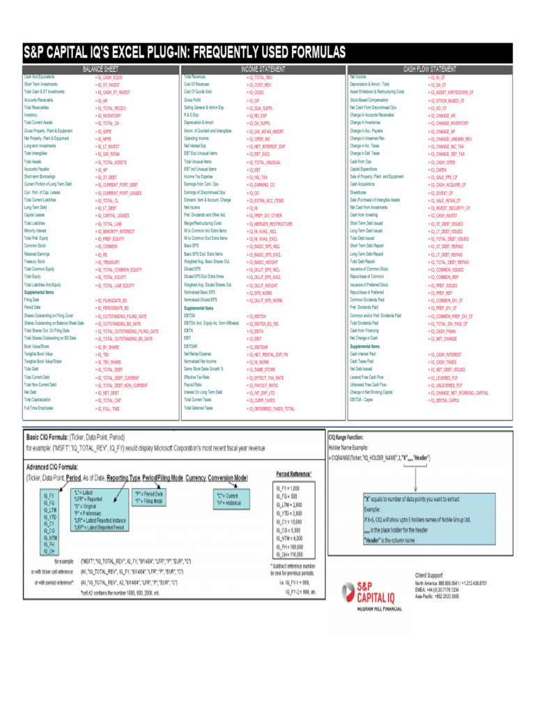 S&P Capital IQ Excel Plug-In Cheat Sheet | PDF | Preferred Stock ...