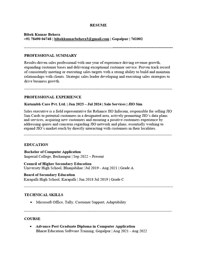 Sales Executive Resume: Bibek Behera | PDF
