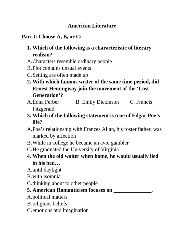 American Literature (Test) | PDF | Ernest Hemingway | Edgar Allan Poe