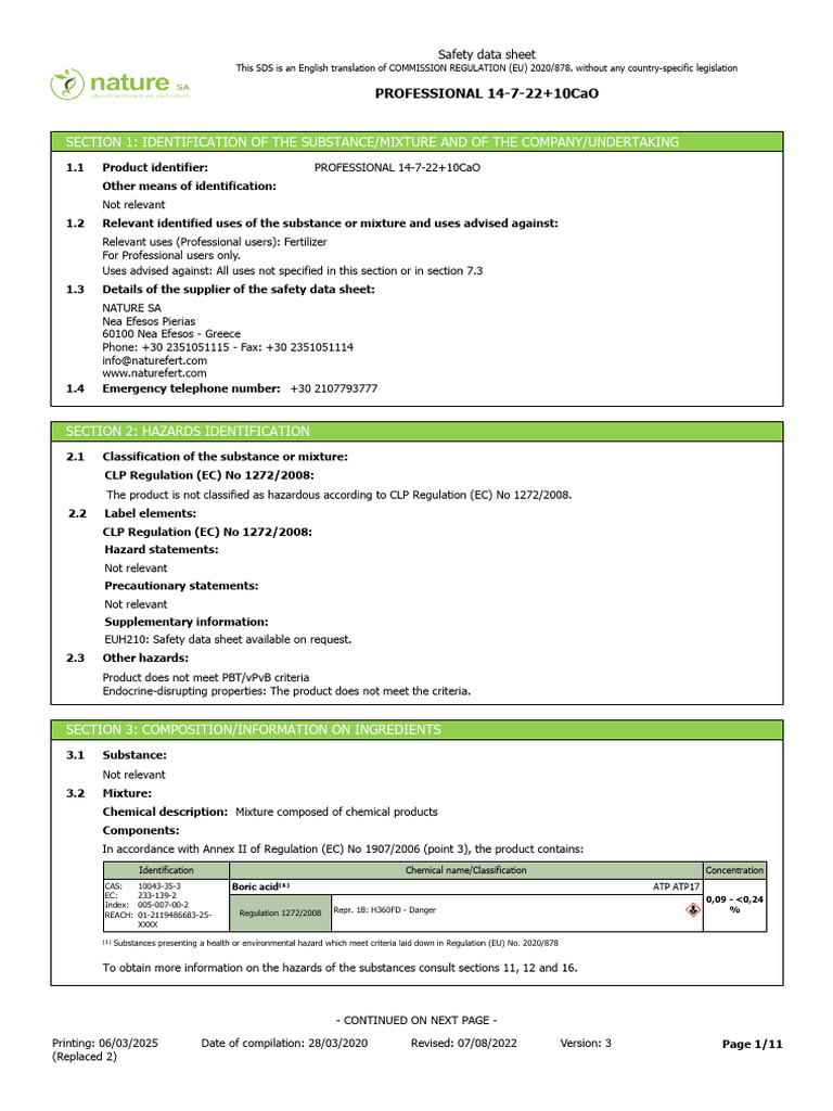 Professional Fertilizer Safety Data Sheet | PDF | Dangerous Goods ...