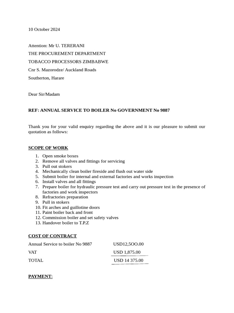 Annual Boiler Service Quotation | PDF | Boiler | Valve