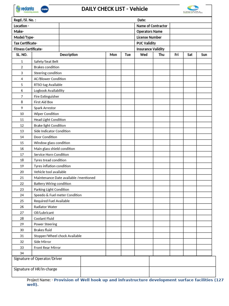 Daily Checklist Vehicle | PDF