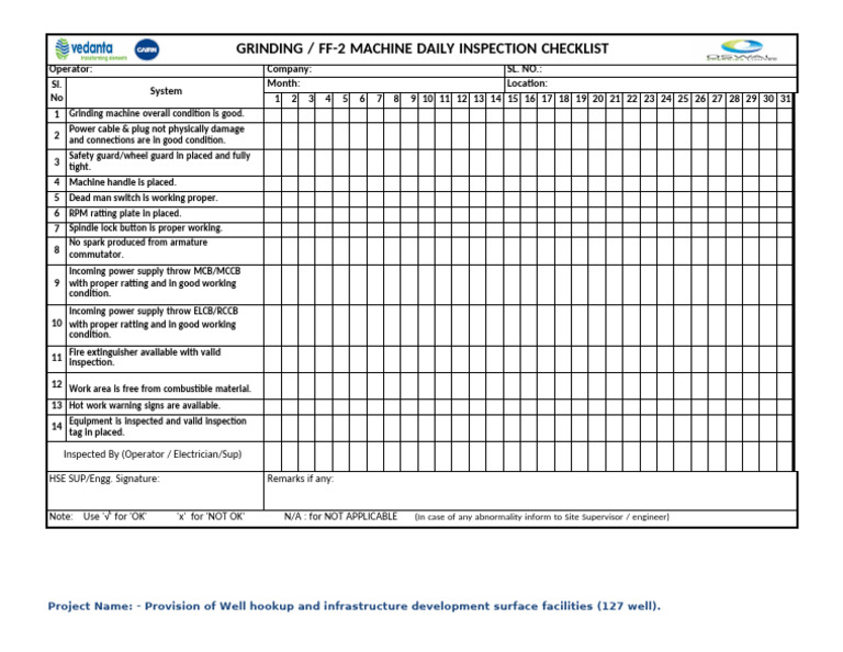 Grinding Machine Daily Inspection Checklist | PDF