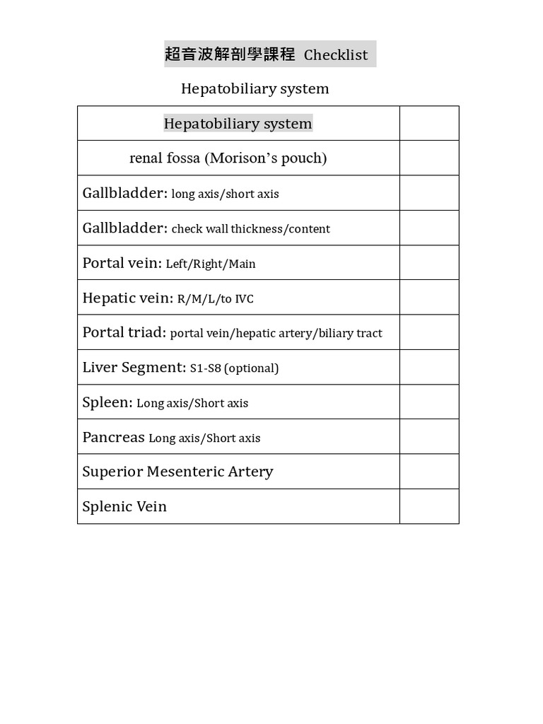 超音波解剖學工作坊 Checklist 2 (Hepatobiliary System) | PDF