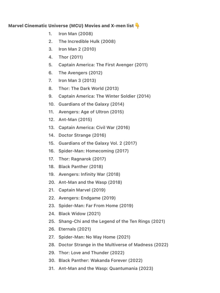 Marvel Cinematic Universe (MCU) Movies list and X-men list? | PDF