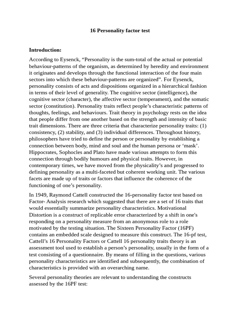 16 Personality Factor Test Overview | PDF | Personality Psychology ...