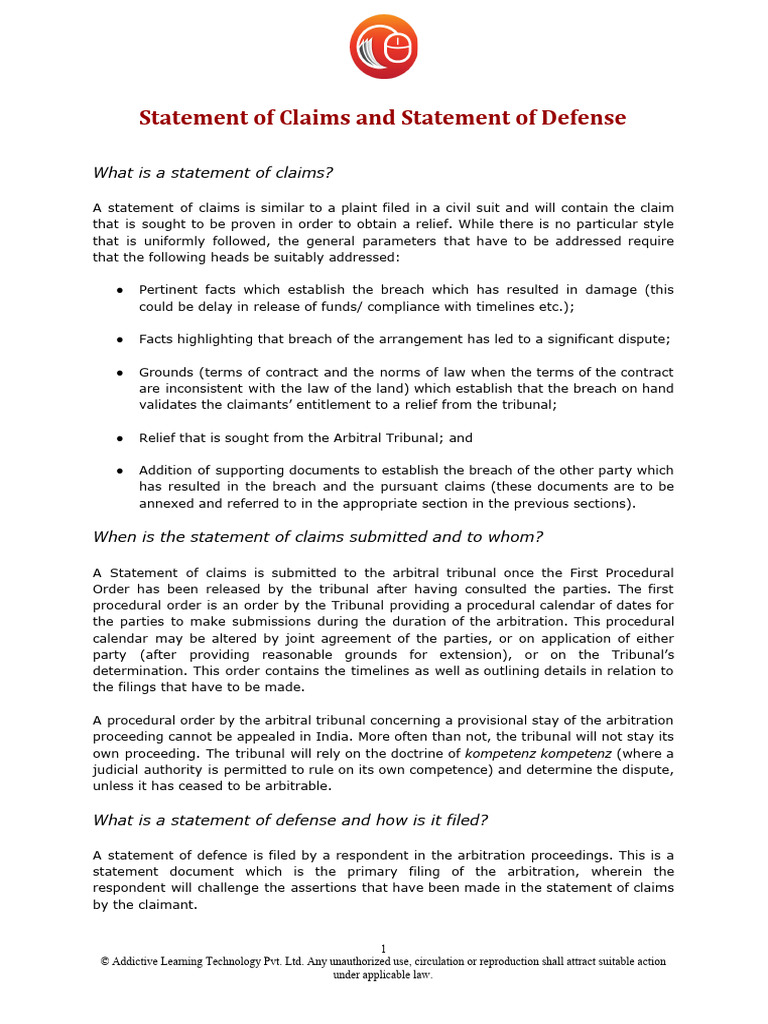 Statement of Claims and Statement of Defense 1573745183 | PDF ...