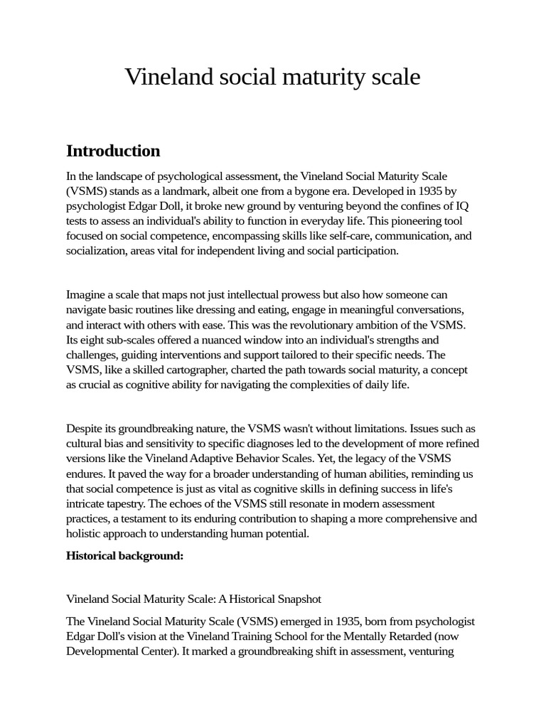Vineland Social Maturity Scale Overview | PDF | Socialization ...