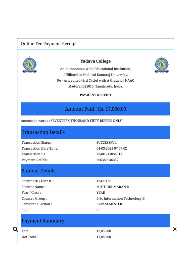 Yadava College Fee Payment Receipt | PDF