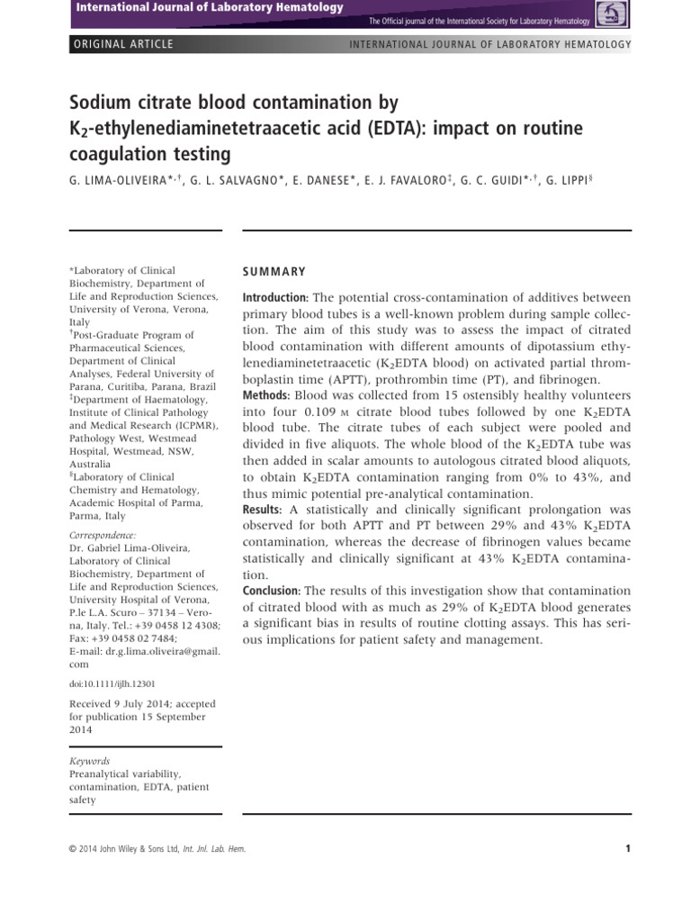 EDTA Contamination in Citrated Blood Tests | PDF | Blood Plasma ...