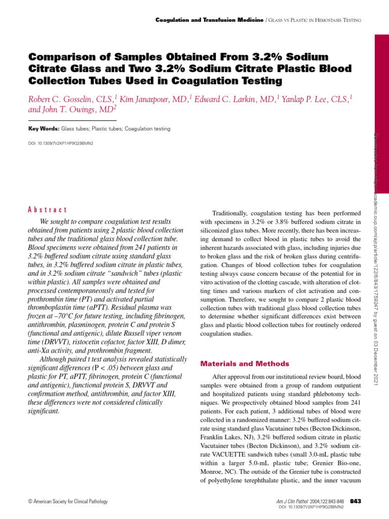 Comparison of Samples Obtained From 3.2% Sodium Citrate Glass and Two 3 ...