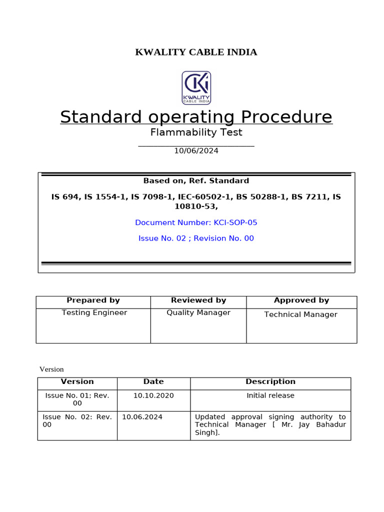 Flammability Testing SOP for Cables | PDF | Gases | Wire