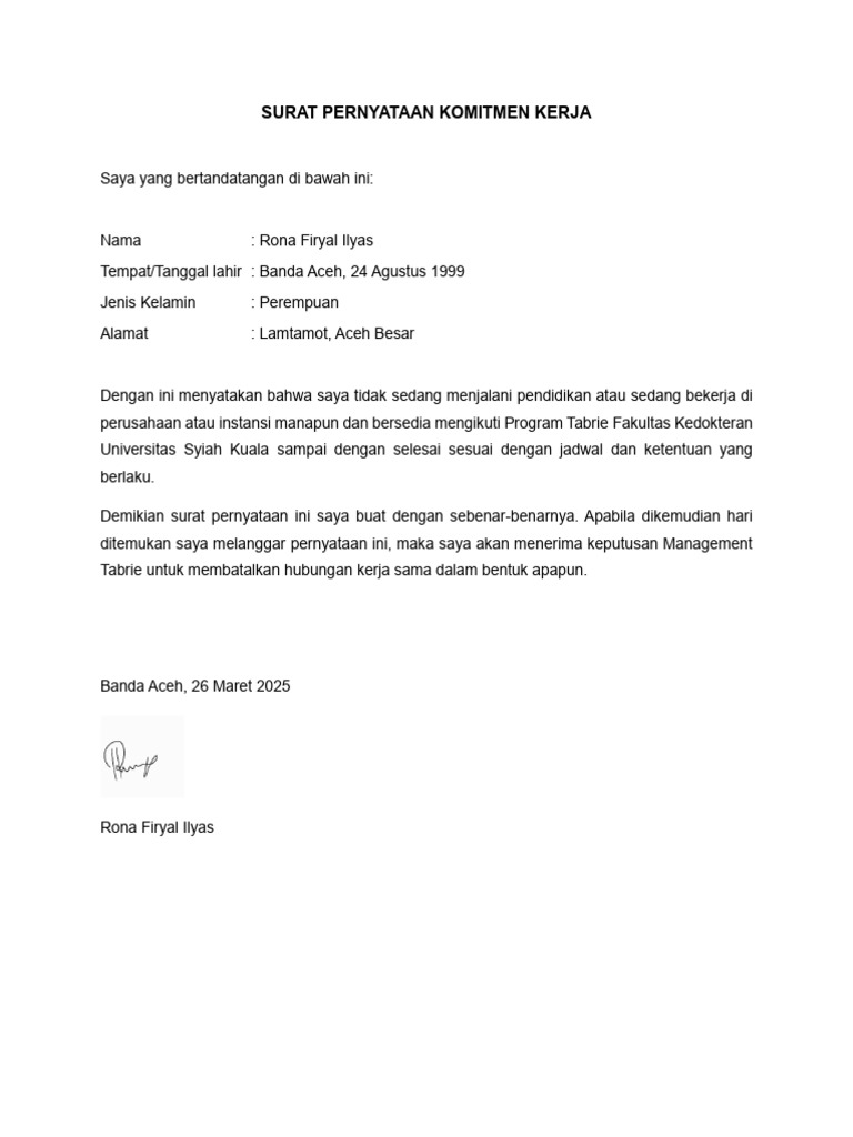 Surat Pernyataan Komitmen Kerja 2010 | PDF