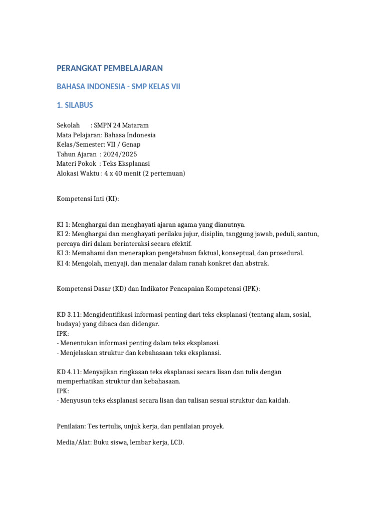 Perangkat Pembelajaran Lengkap Bahasa Indonesia Kelas VII | PDF