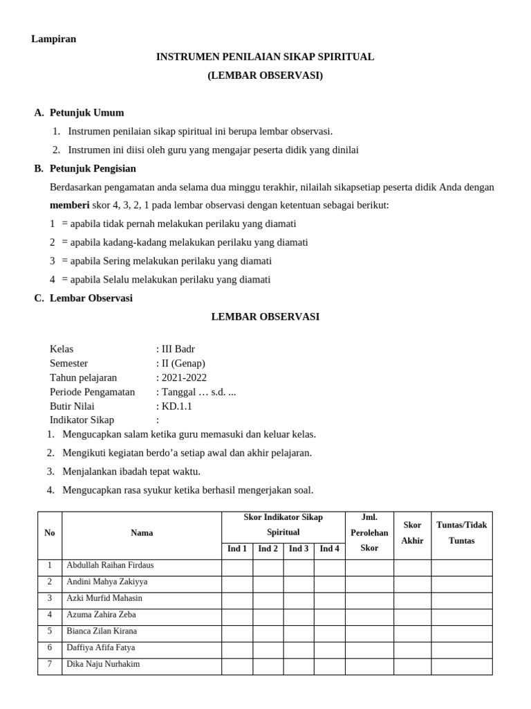 Instrumen Penilaian Sikap Siswa | PDF