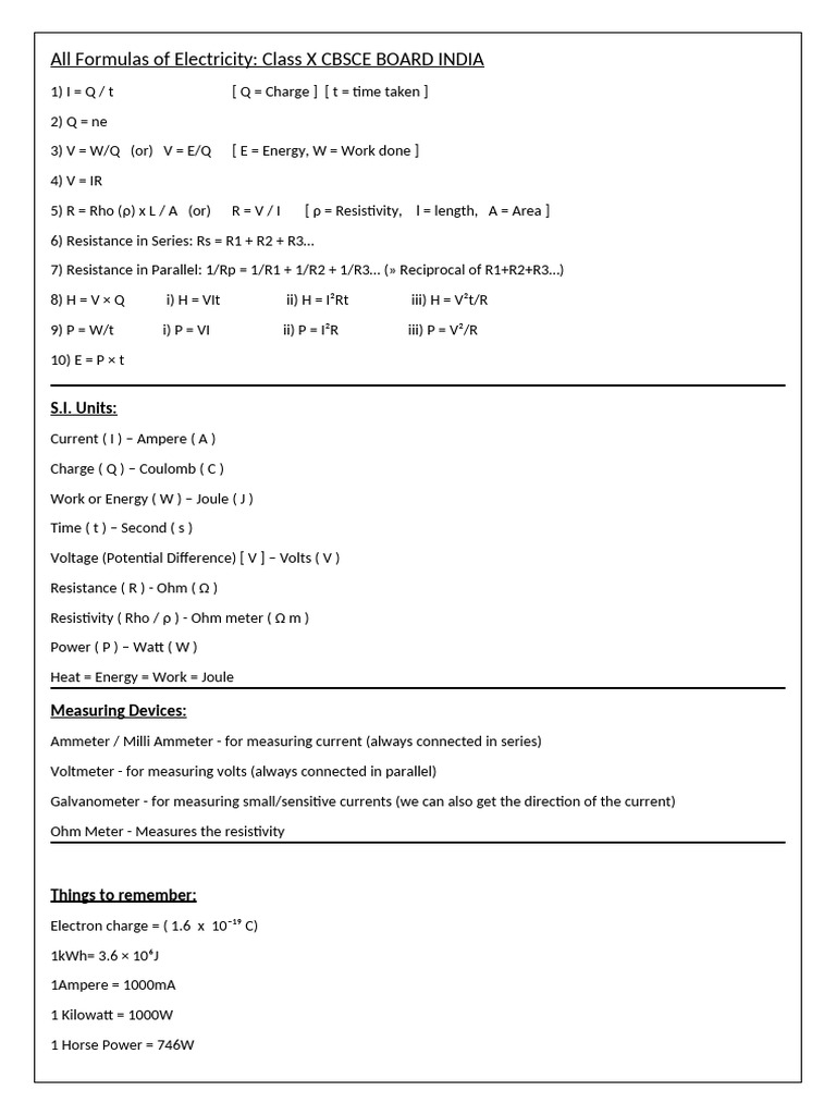 All Formulas of Electricity | PDF | Voltage | Volt