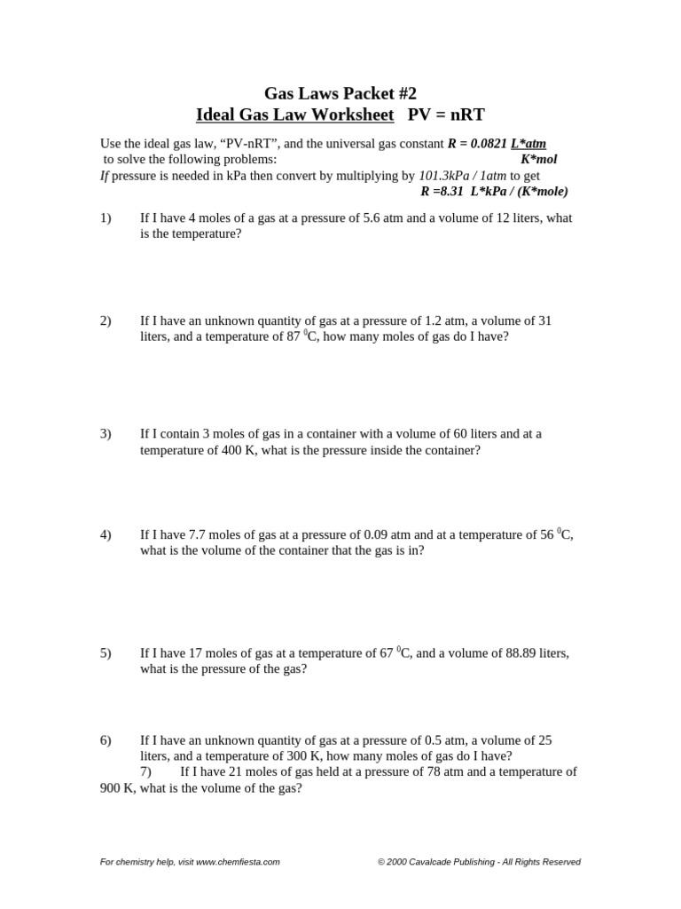 Ideal Gas Law Packet 2 Worksheet | PDF | Gases | Pressure
