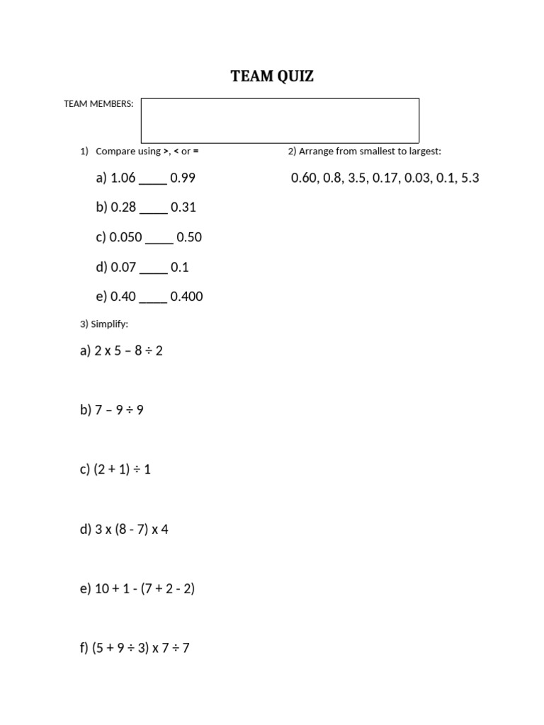 Grade 7 Bedmas Team Quiz | PDF