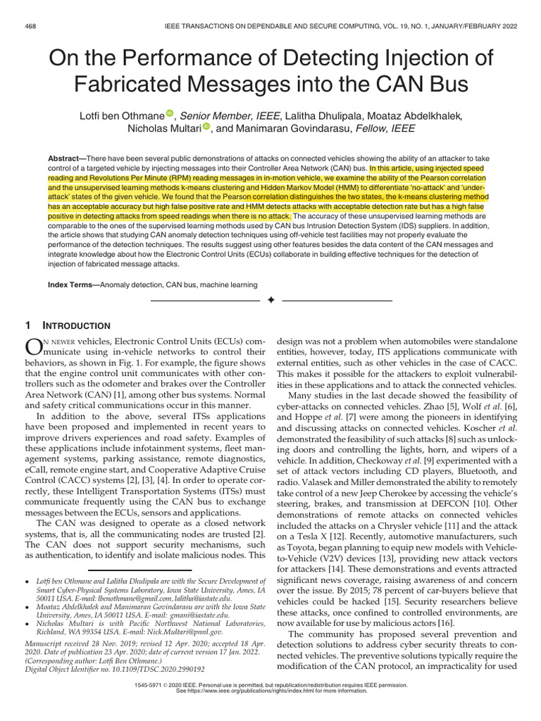 On_the_Performance_of_Detecting_Injection_of_Fabricated_Messages_into_the_CAN_Bus | PDF | Computing