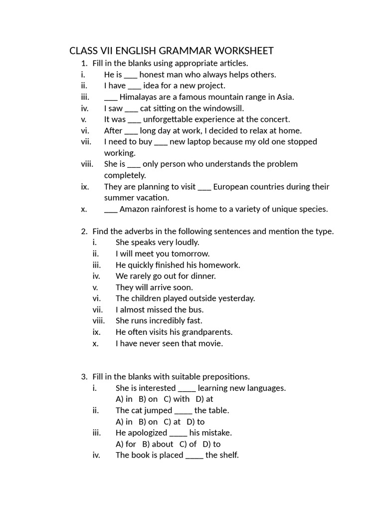 Class Vii English Grammar Worksheet | PDF | English Grammar ...