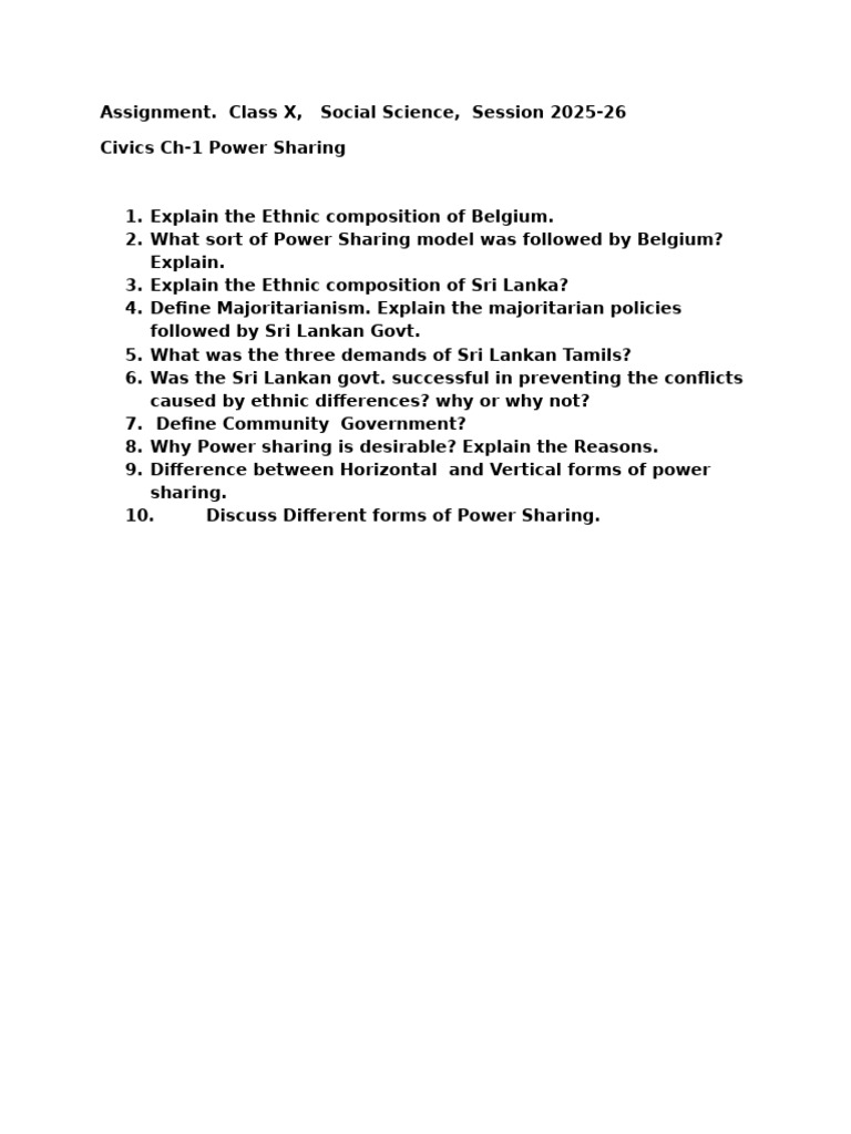 Assignment Civics Ch-1 Power Sharing | PDF