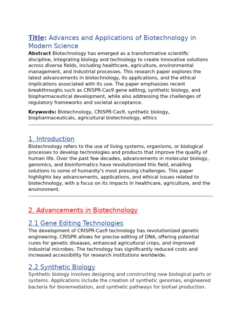 Biotechnology Advances and Applications | PDF | Biotechnology | Genetic ...