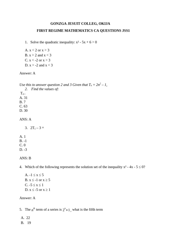 JSS1 Further Mathematics Questions | PDF | Mathematics | Mathematical ...
