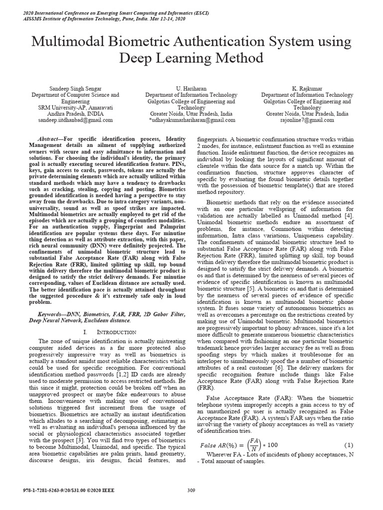 Multimodal Biometric Authentication (2020) | PDF | Biometrics | Fingerprint