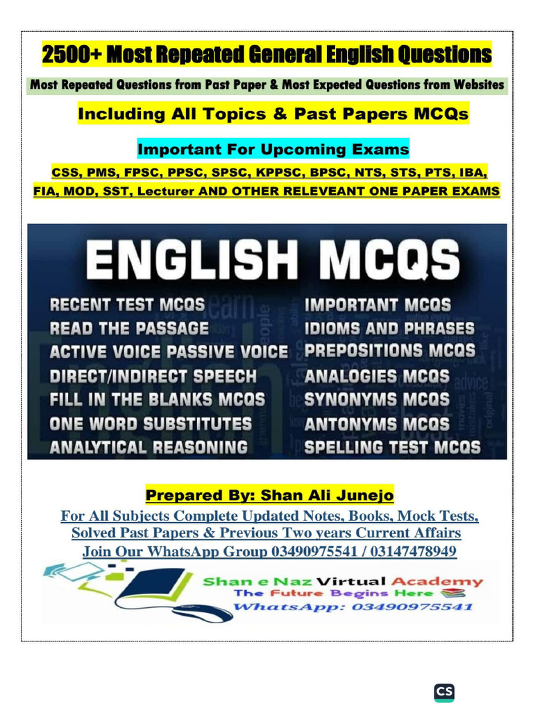 2500+ English Most Repeated One Liner MCQs by Shan Ali Junejo ...