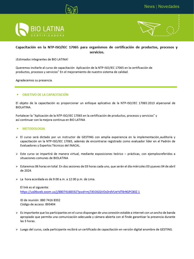 Boletin 2024-05 - Capacitación en La NTP-ISO IEC 17065 para Organismos de Certificación de ...