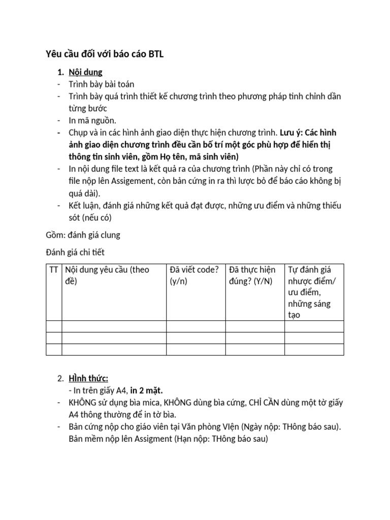 Yêu cầu đối với báo cáo BTL | PDF