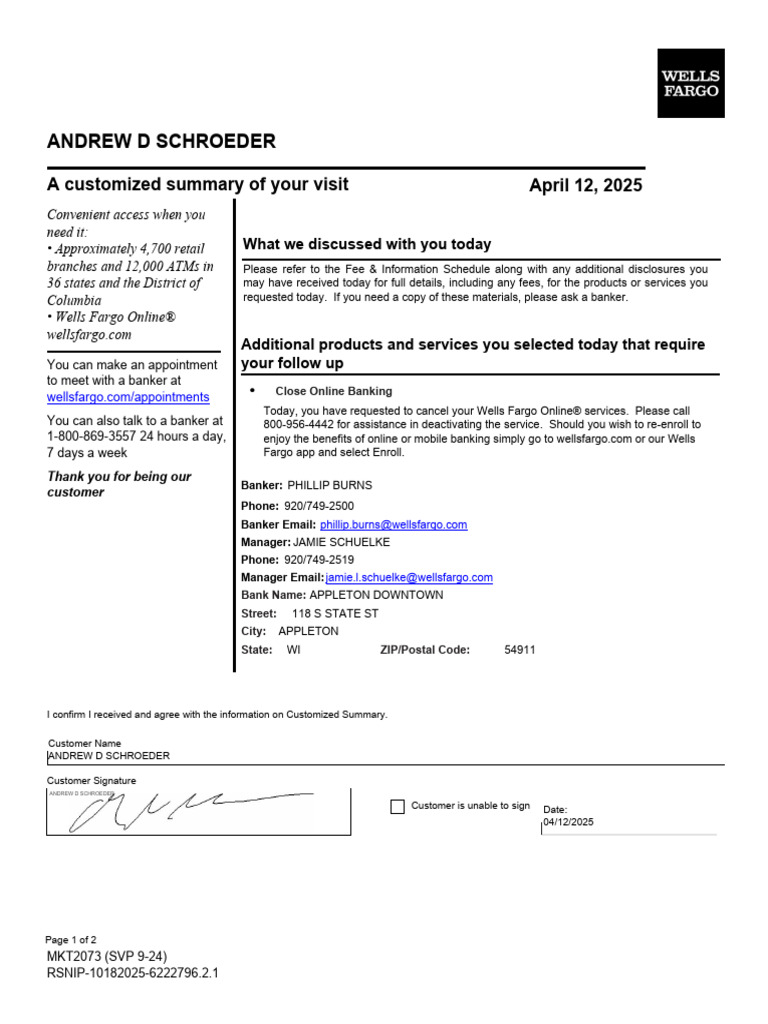 Wells Fargo Appointment Summary 2025 | PDF | Banks | Wells Fargo