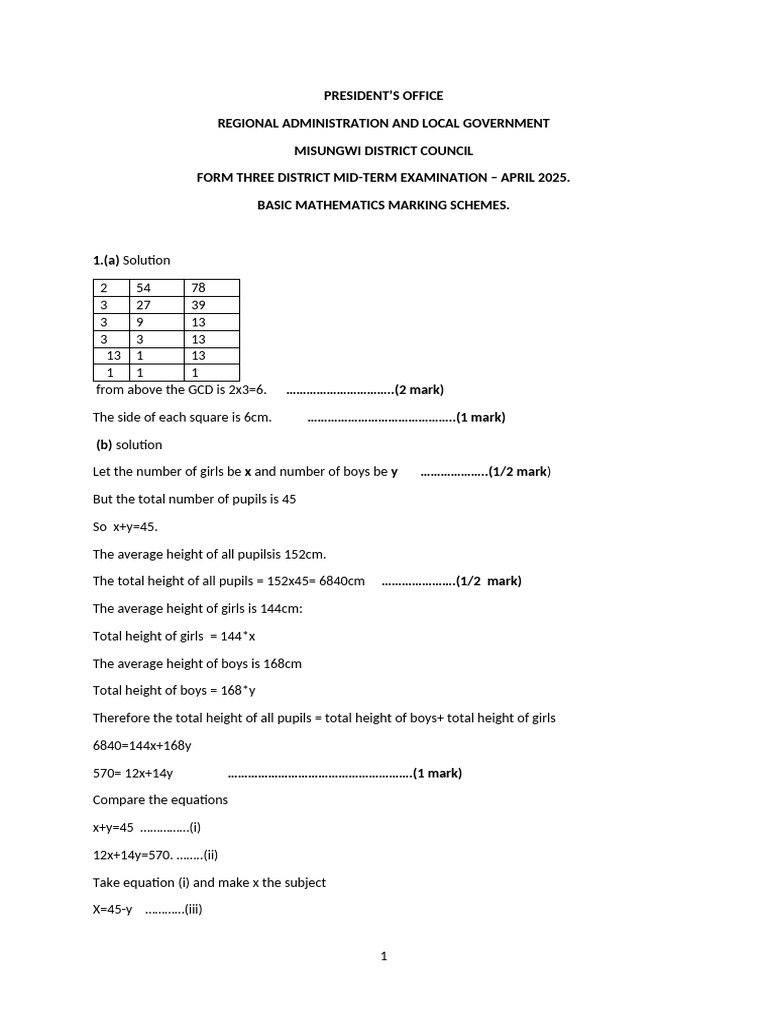 Marking Scheme Maths F3. | PDF | Slope | Median