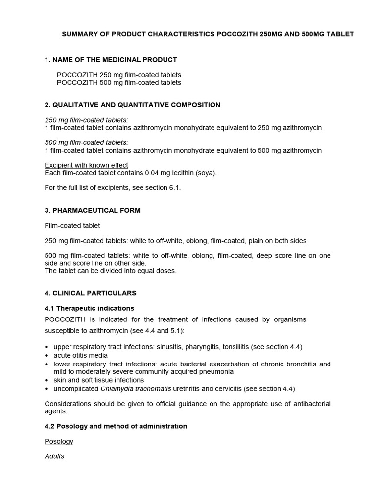 SMPC Poccozith 250mg and 500mg Tablets | PDF | Pneumonia | Pharmacokinetics