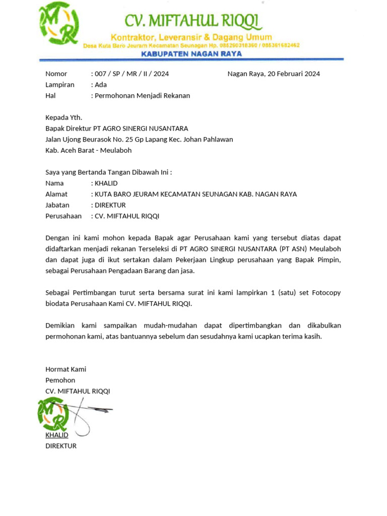 Contoh Surat Permohonan Menjadi Rekanan | PDF