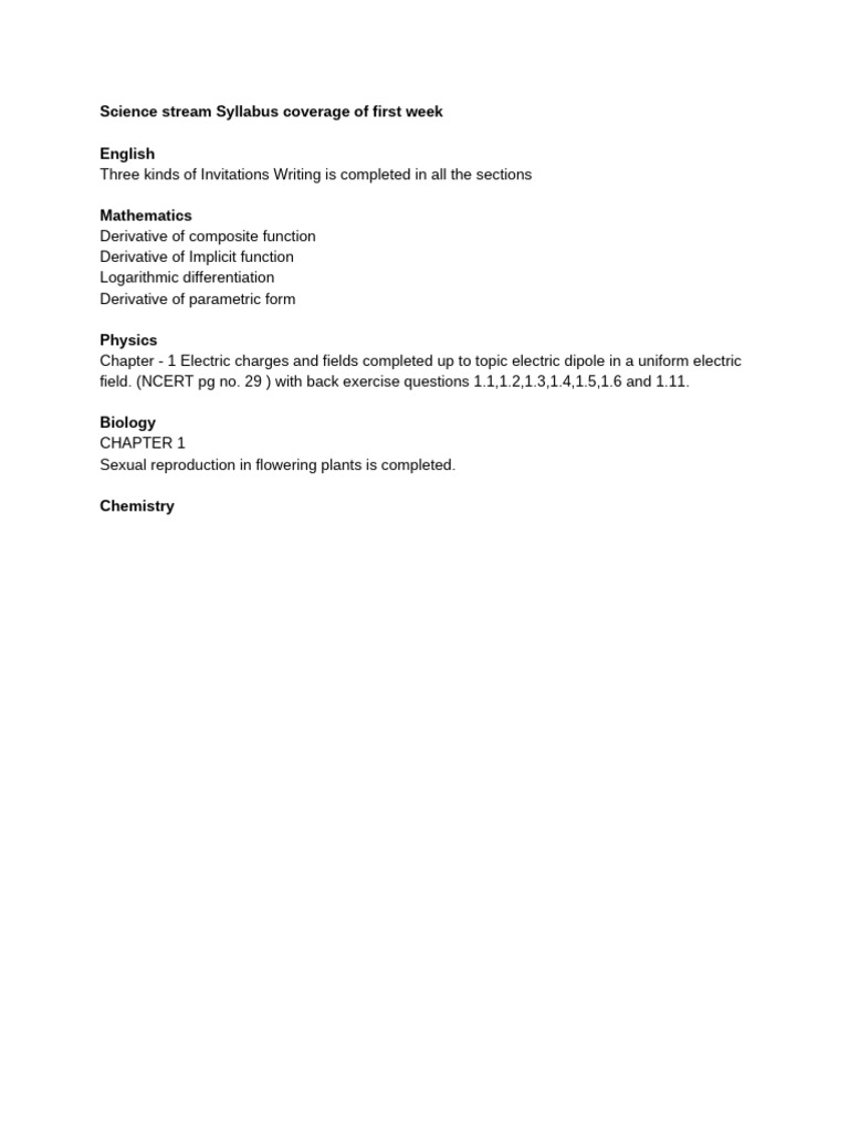 Science Stream Syllabus Coverage of First Week | PDF